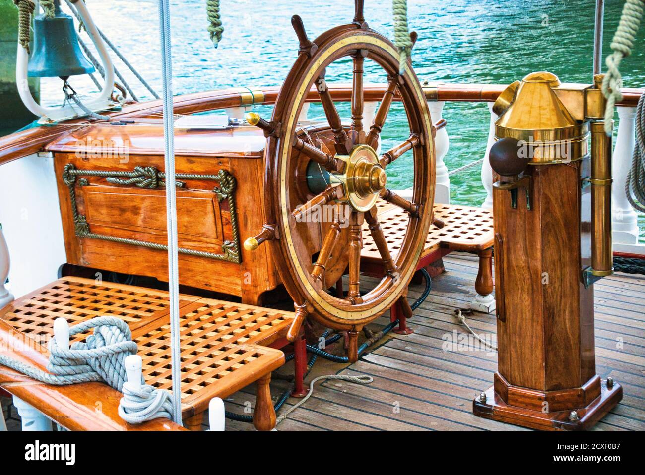 Nautical tackles and equipment of the old tall ship. Rigging ropes and ...