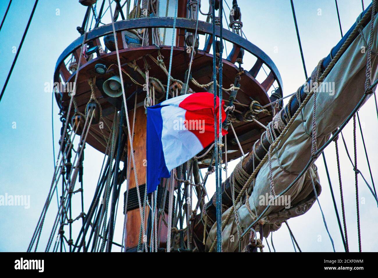 Nautical tackles and equipment of the old tall ship. Rigging ropes and ...