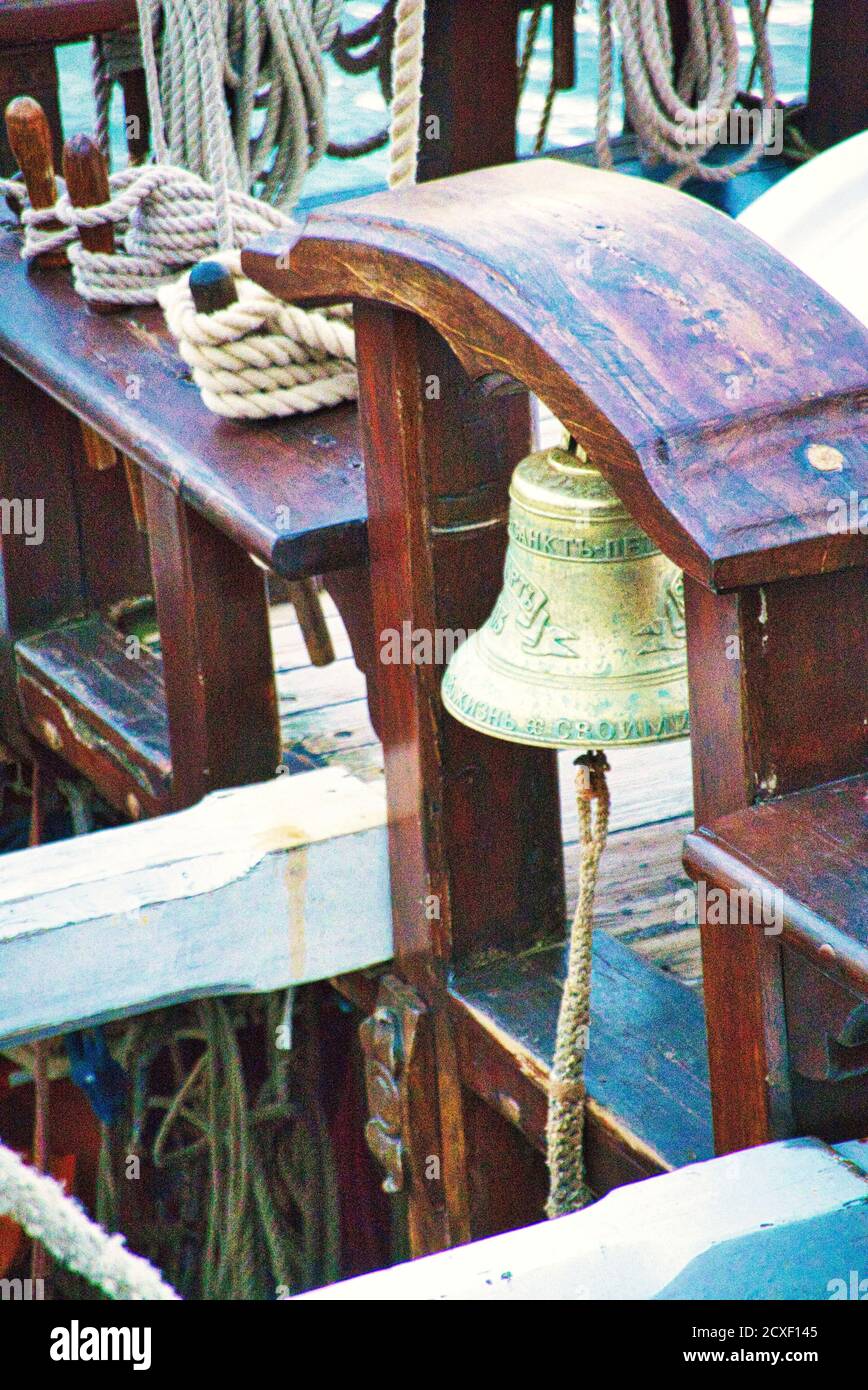 Nautical tackles and equipment of the old tall ship. Rigging ropes and ...