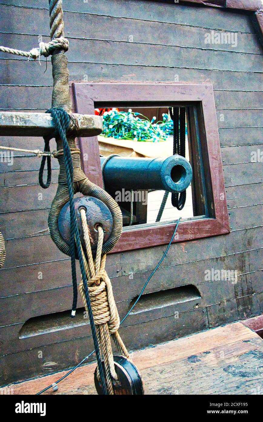 Nautical tackles and equipment of the old tall ship. Rigging ropes and ...