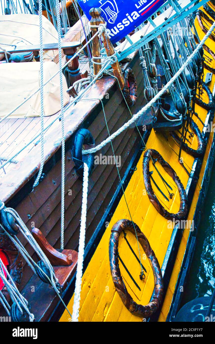 Nautical tackles and equipment of the old tall ship. Rigging ropes and ...