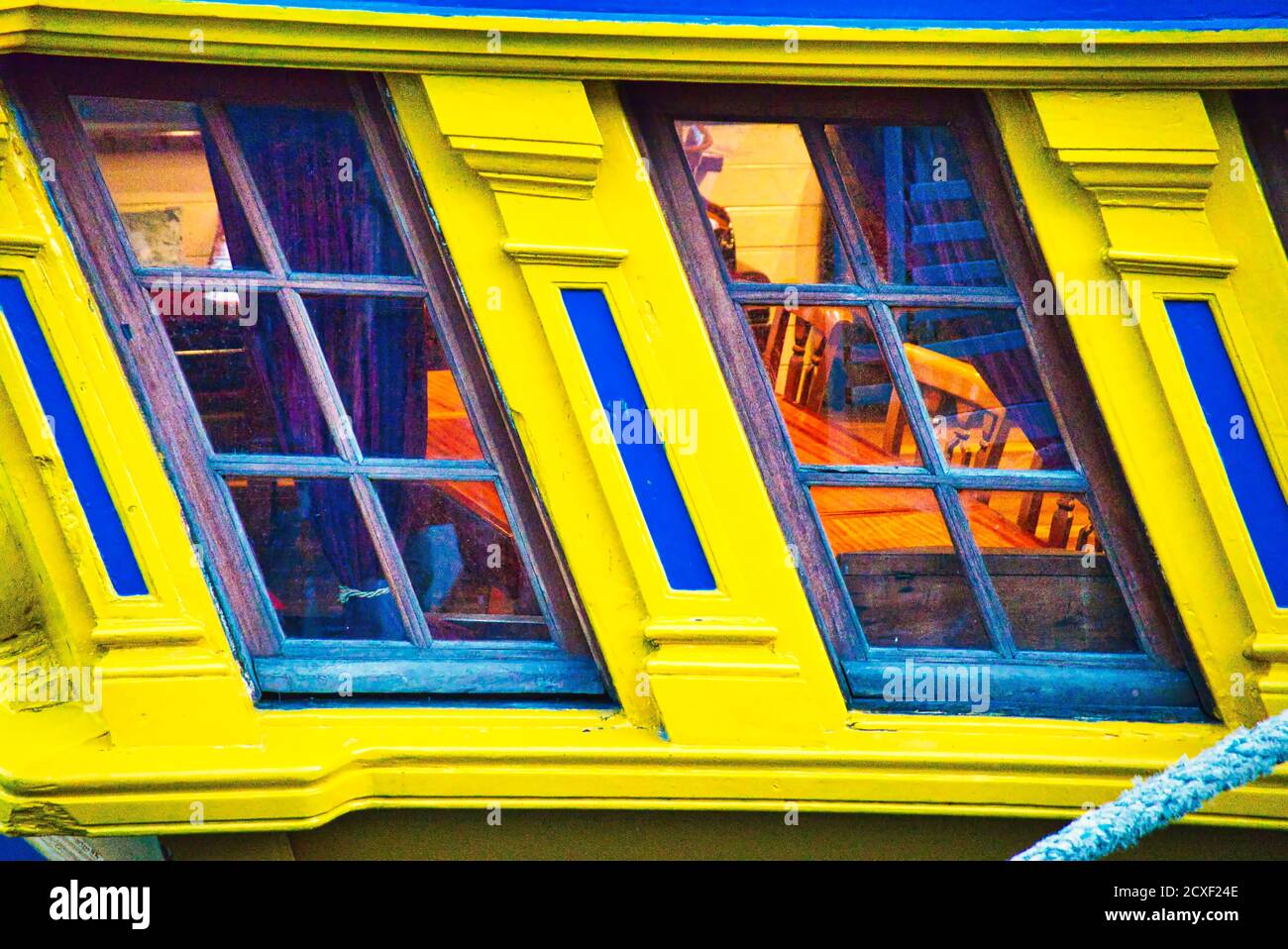 Nautical tackles and equipment of the old tall ship. Rigging ropes and ...