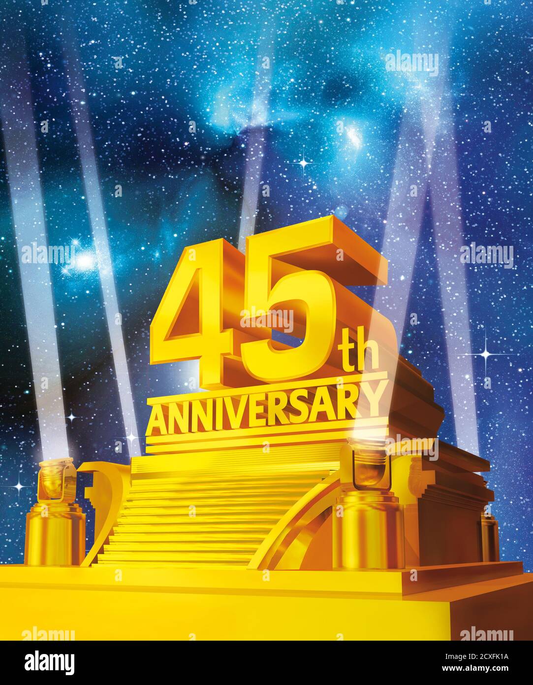 Golden 25th years anniversary on platform against galaxy background ...
