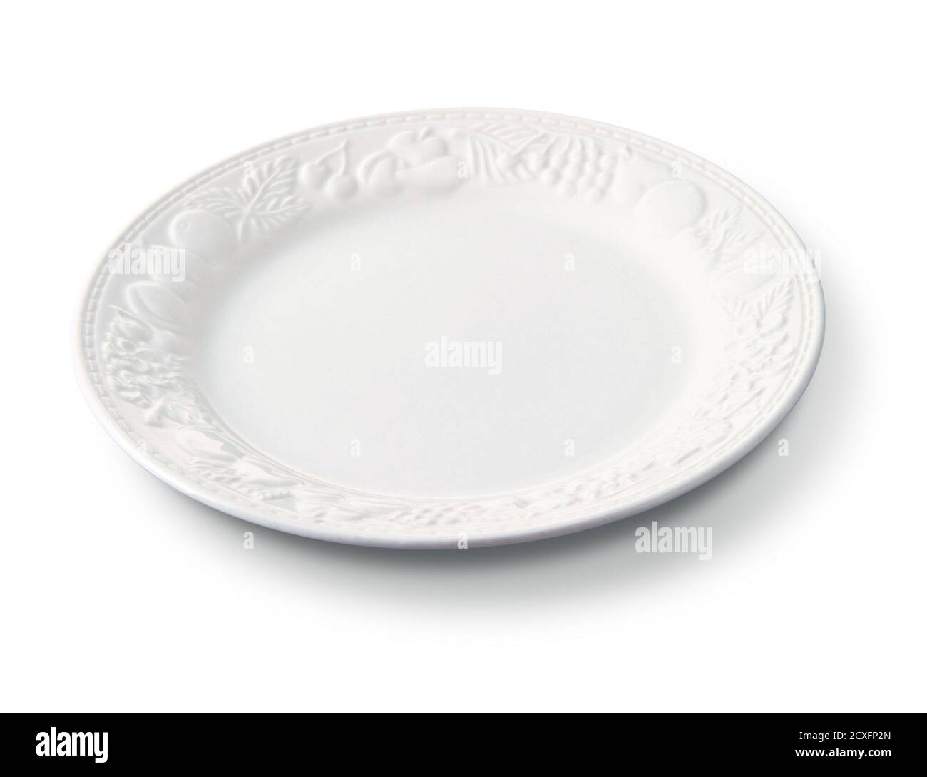 Round empty white plate on white background Stock Photo - Alamy