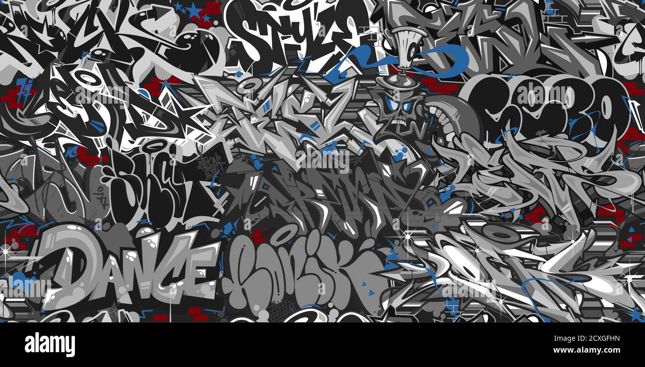 Dark Grey Abstract Graffiti Street Art Seamless Pattern. Hip-Hop Vector ...