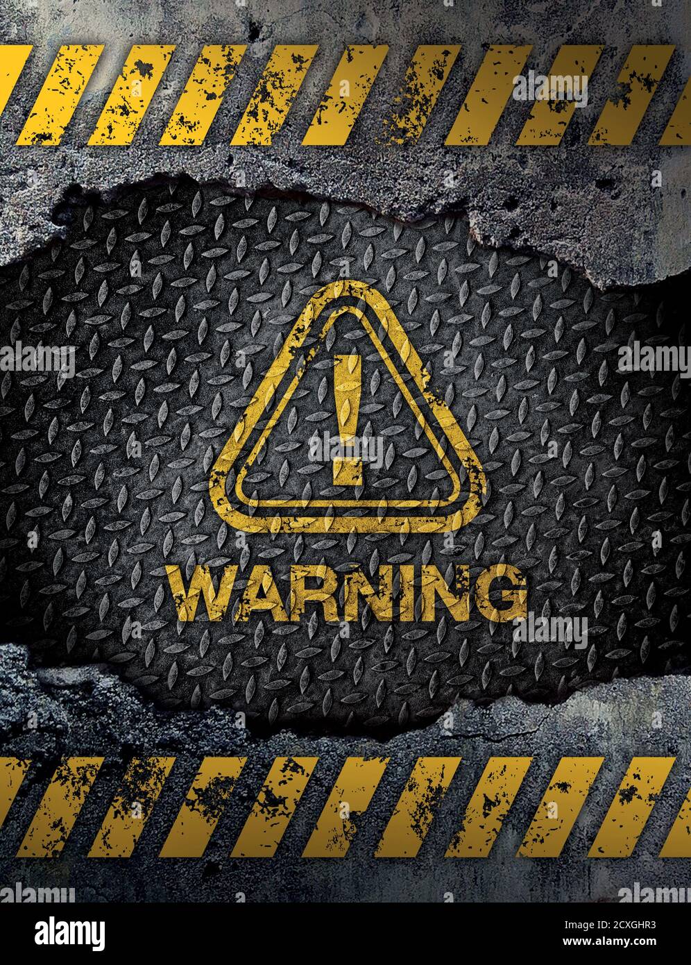 Warning sign on rusty metal background Stock Photo - Alamy