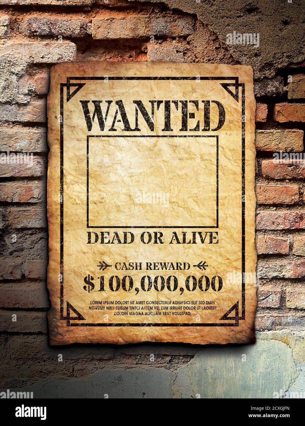 Wanted poster tacked on brick wall surface Stock Photo - Alamy