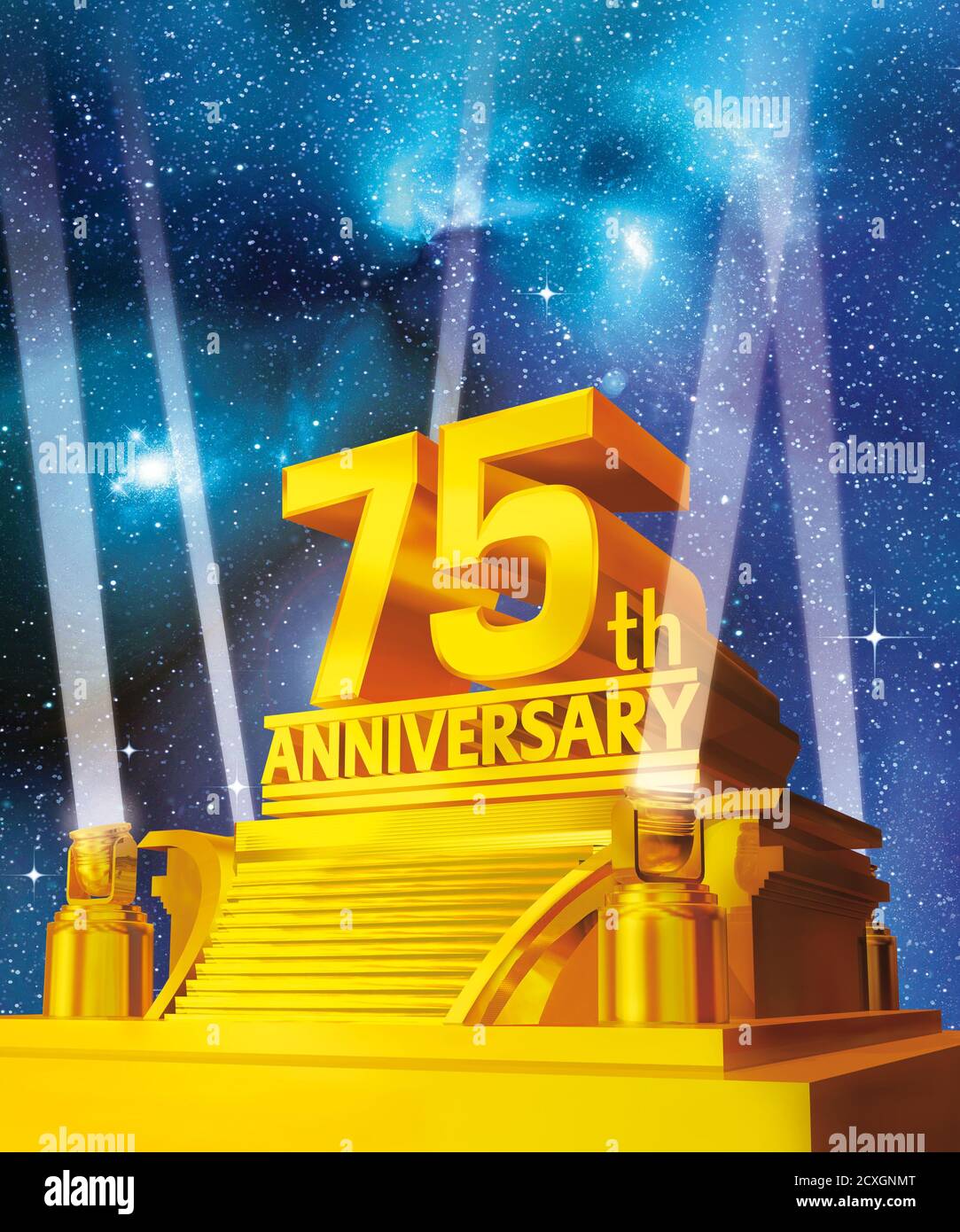 Golden 75th years anniversary on platform against galaxy background ...