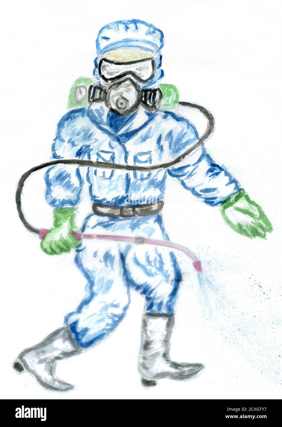 Abstract cartoon man in protective suit sanitizing surfaces, hand drawn ...