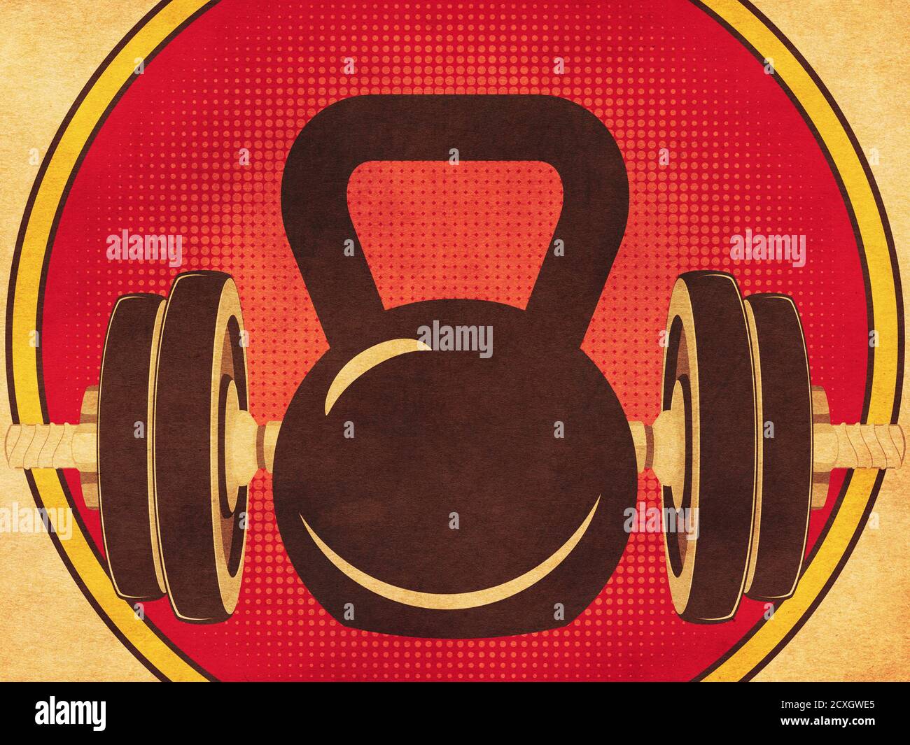 Abstract fitness themed retro design, dumbbells and kettlebell paper ...