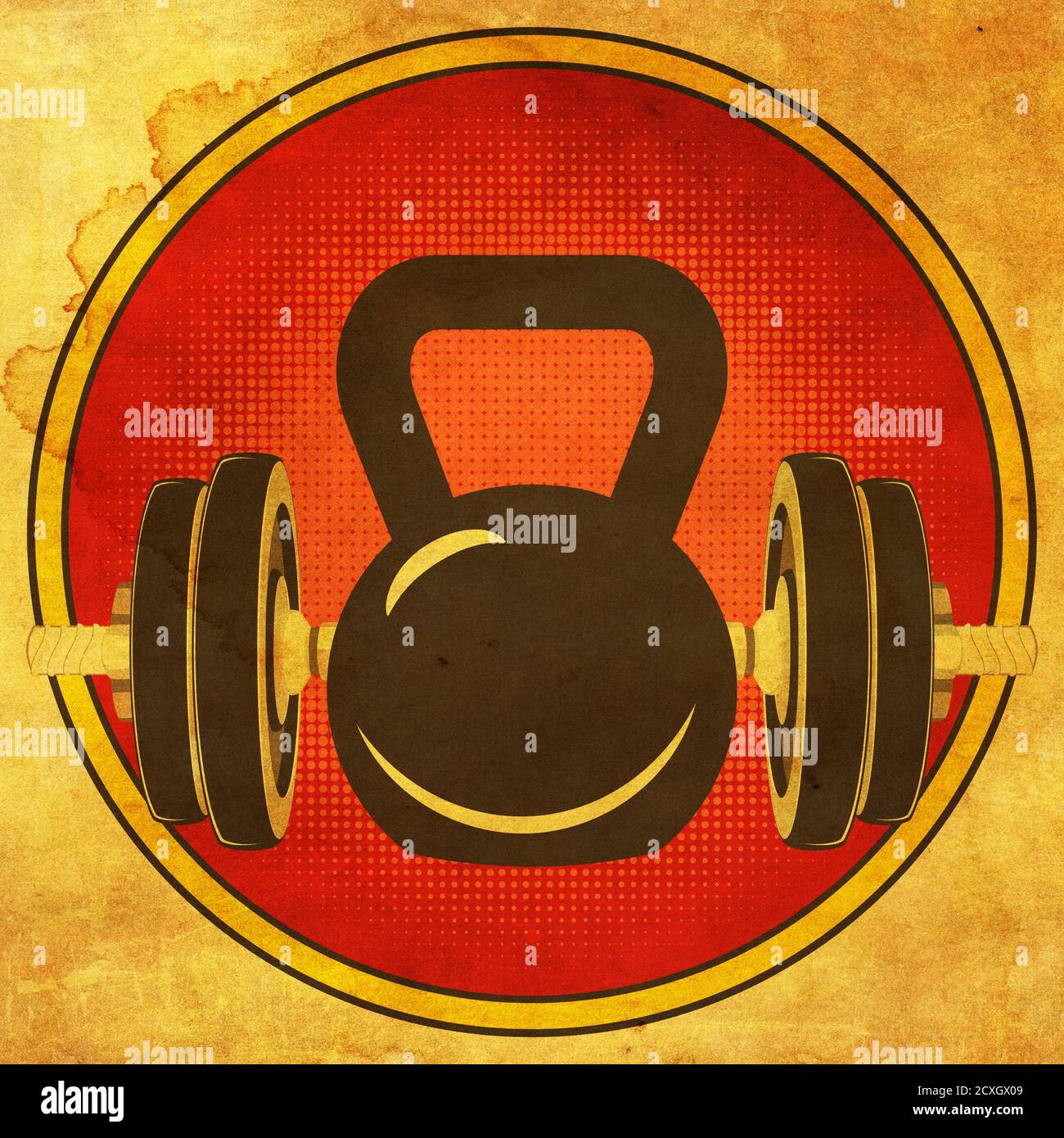 Abstract fitness themed retro design, dumbbells and kettlebell paper ...