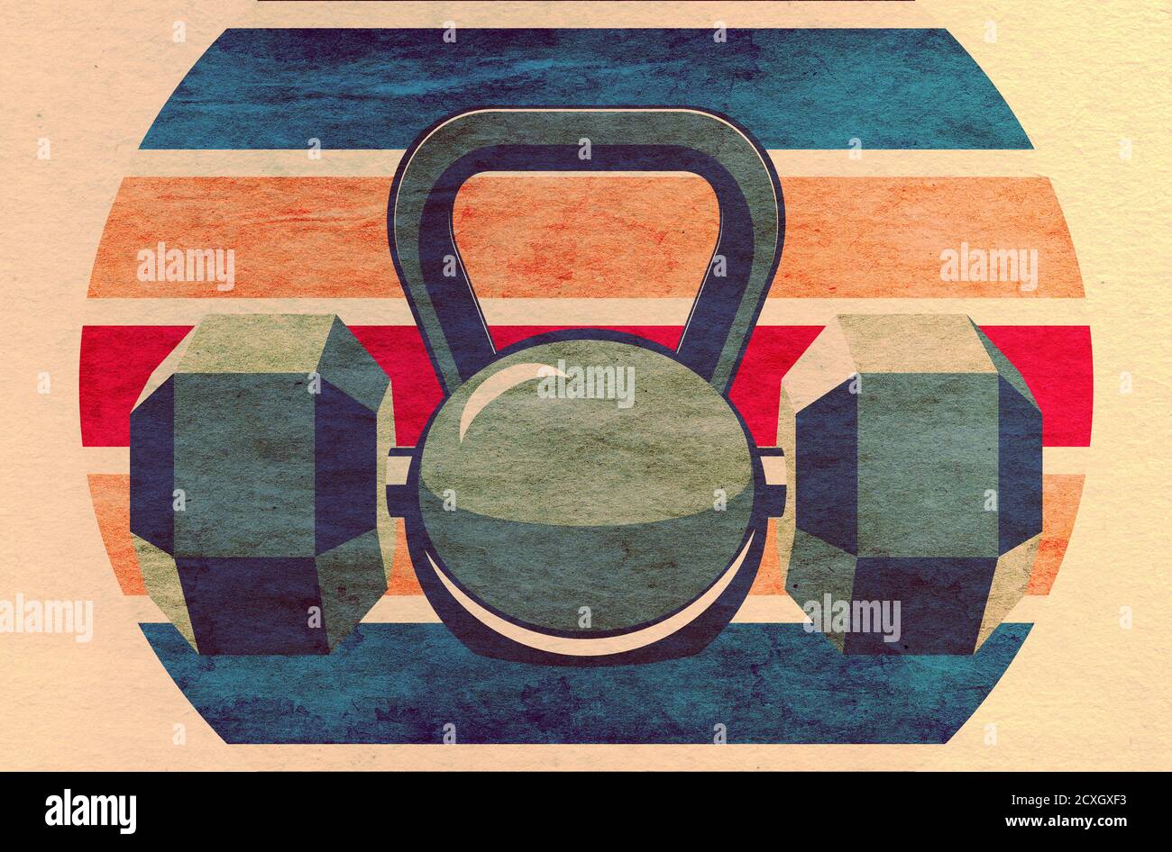 Abstract fitness themed retro design, dumbbells and kettlebell paper ...