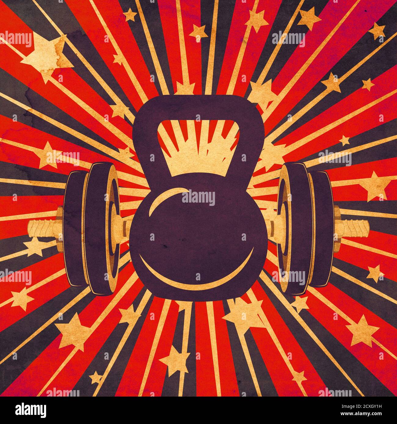 Abstract fitness themed retro design, dumbbells and kettlebell paper ...