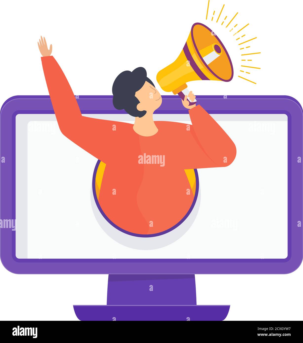 Advertising business concept. Man with a megaphone climbs out of a ...