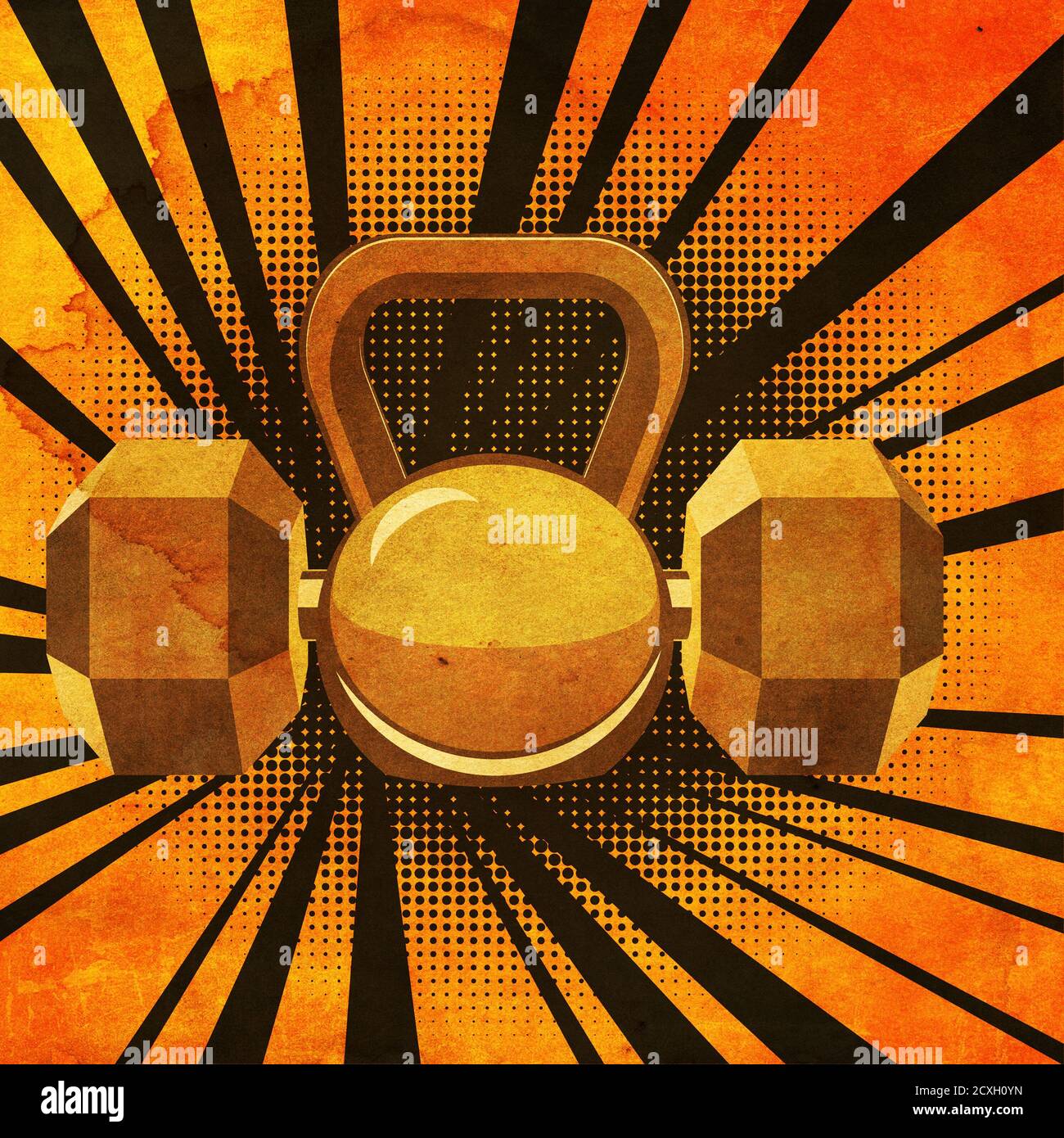 Abstract fitness themed retro design, dumbbells and kettlebell paper ...