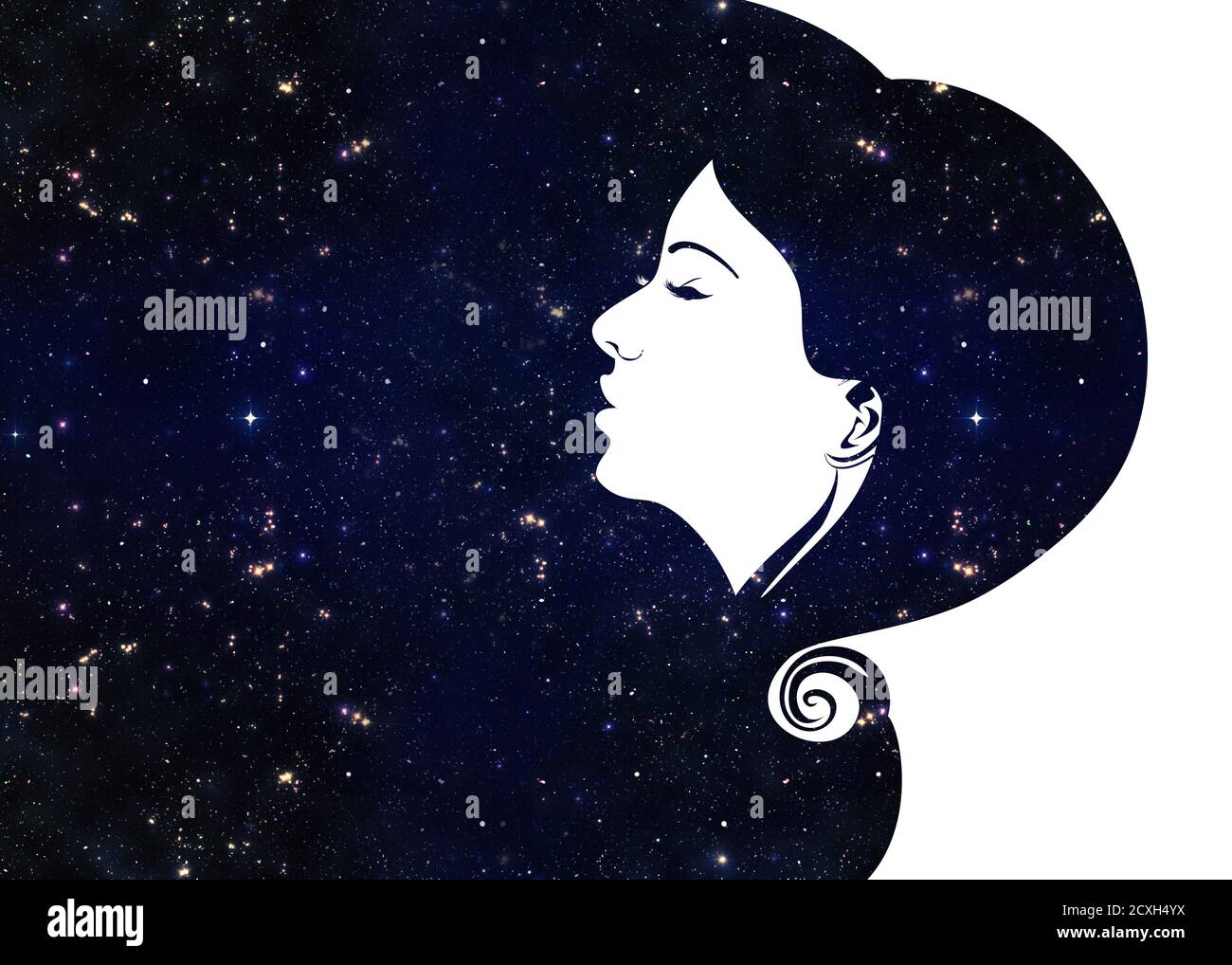 Woman face in profile with long hair style with starfield texture ...