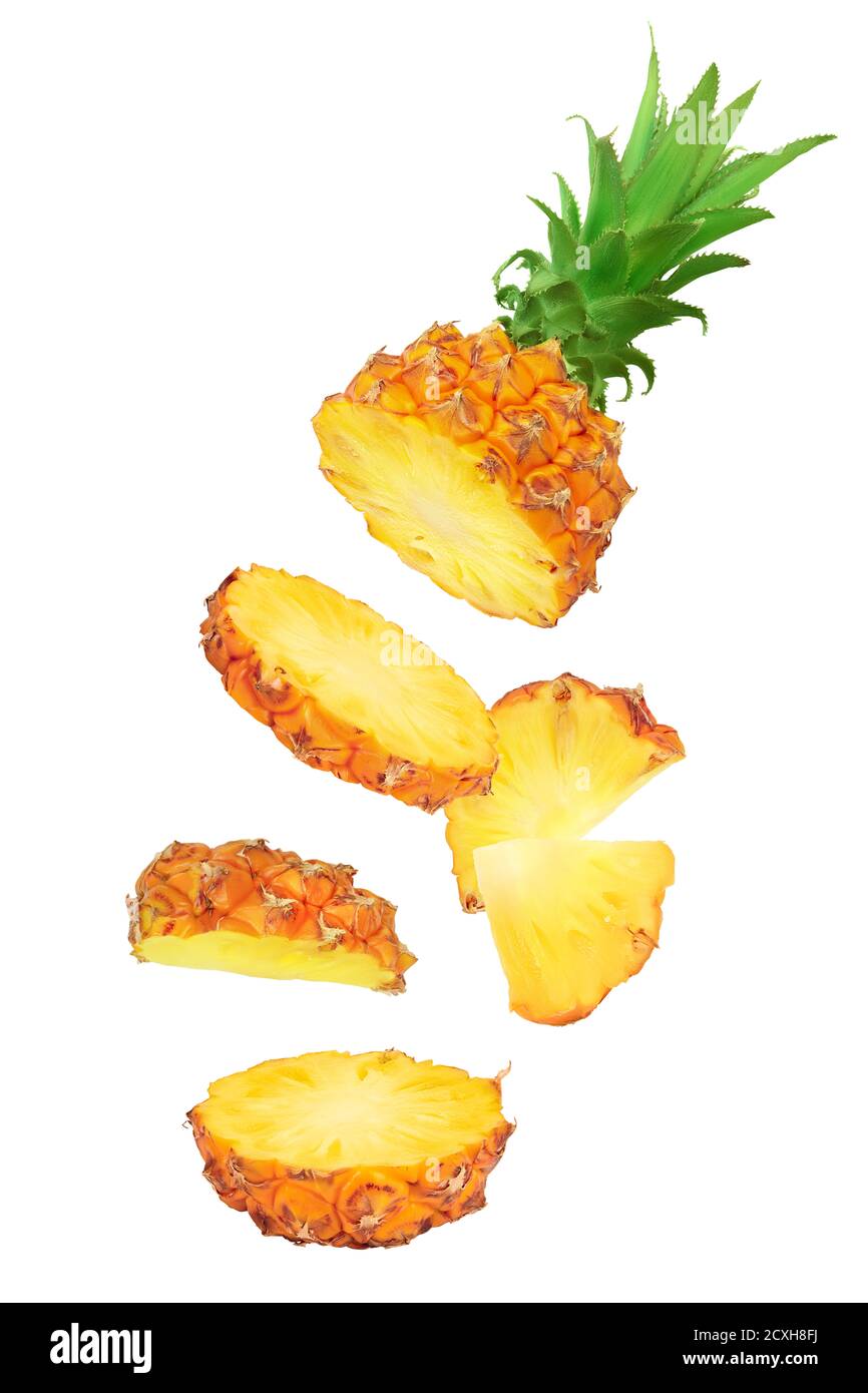 falling pineapple slices isolated on white background with full depth ...