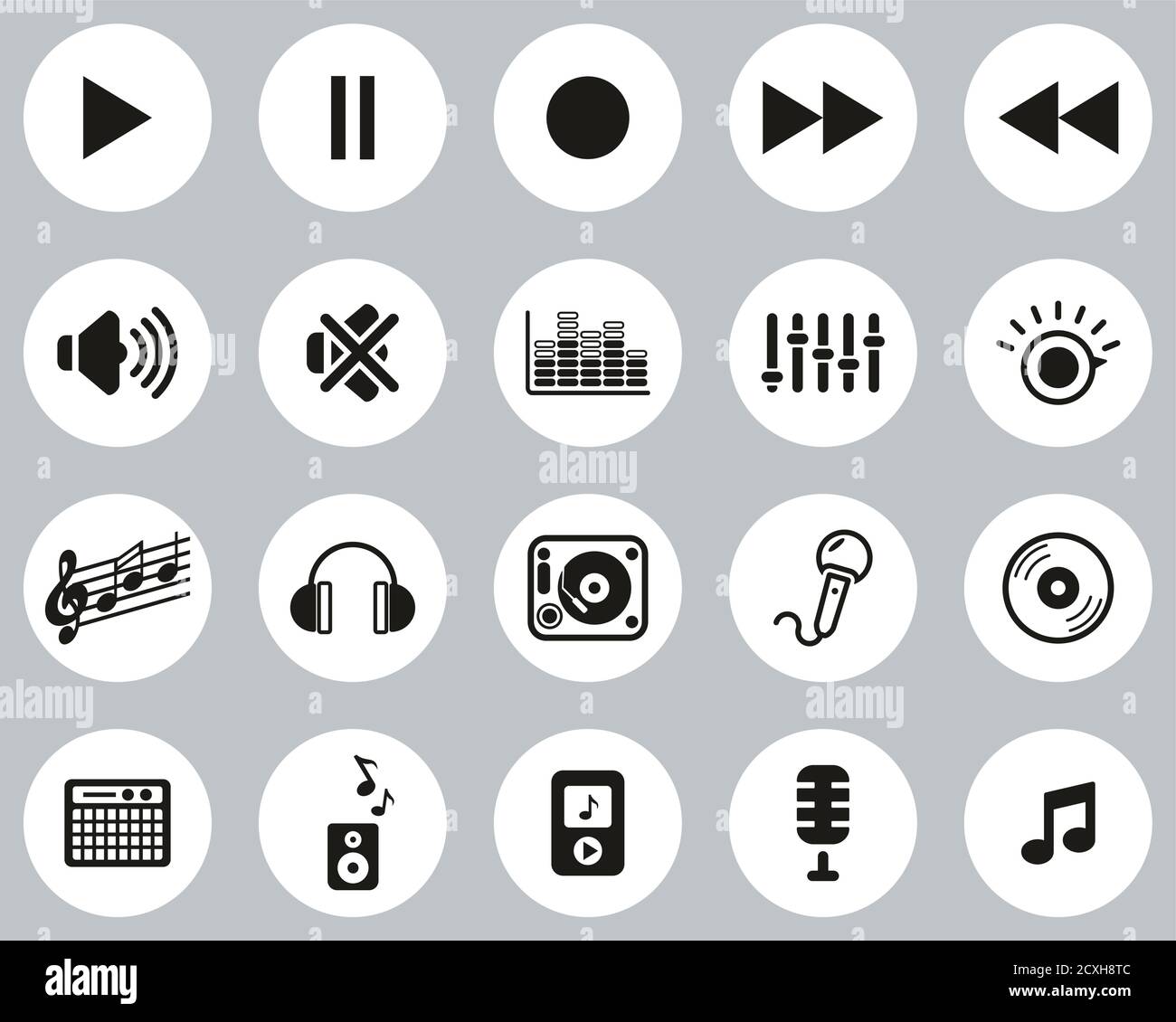 Audio Or Sound Icons Black & White Flat Design Circle Set Big Stock ...