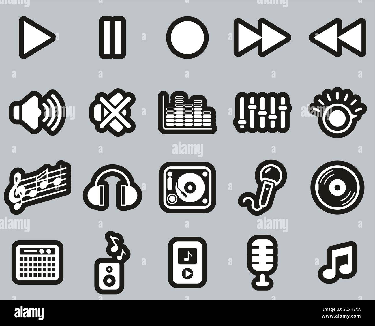 Audio Or Sound Icons White On Black Sticker Set Big Stock Vector Image ...