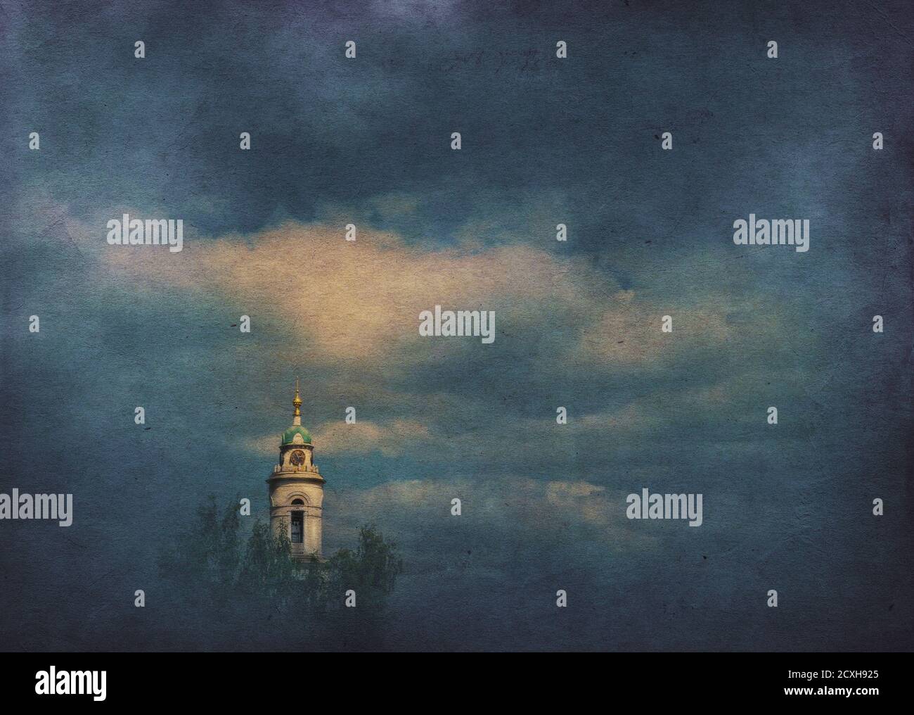 Ancient church clock tower abstract landscape with grunge paper texture ...
