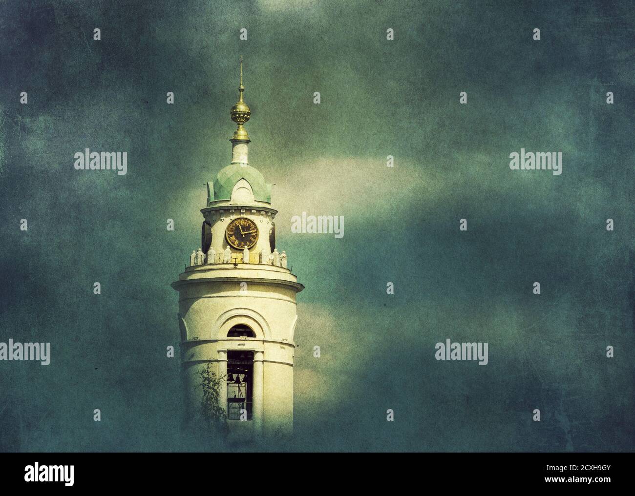 Ancient church clock tower abstract landscape with grunge paper texture ...