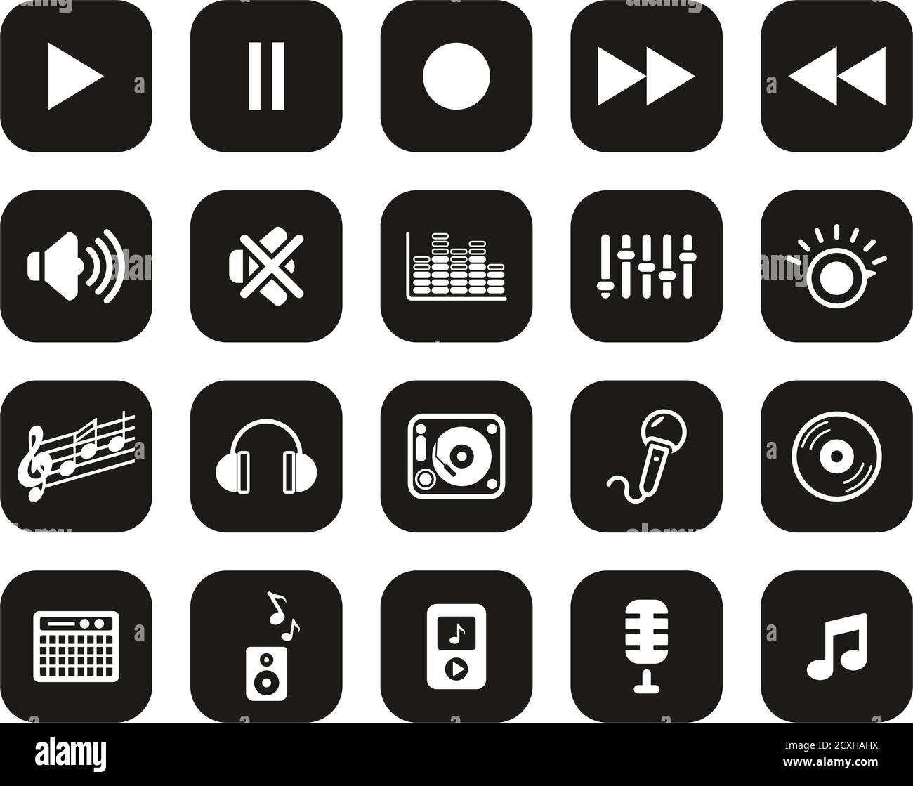 Audio Or Sound Icons White On Black Flat Design Set Big Stock Vector ...