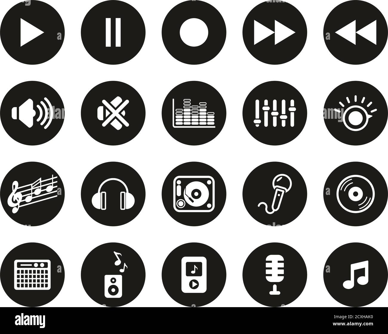Audio Or Sound Icons White On Black Flat Design Circle Set Big Stock Vector Image & Art - Alamy