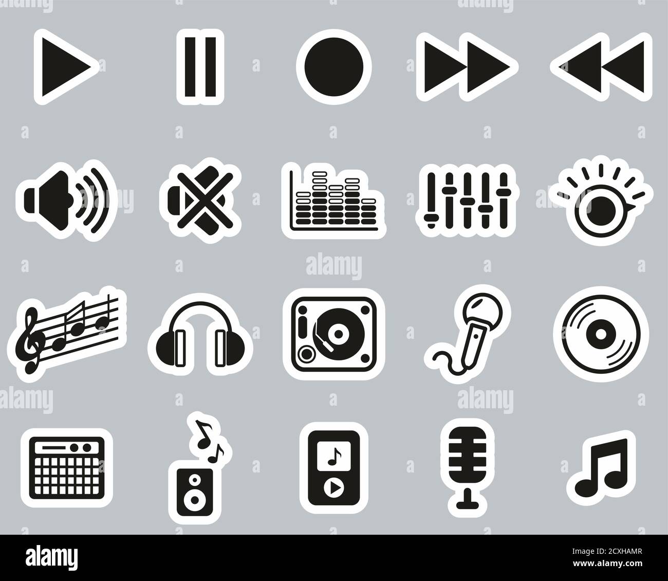 Audio Or Sound Icons Black & White Sticker Set Big Stock Vector Image ...