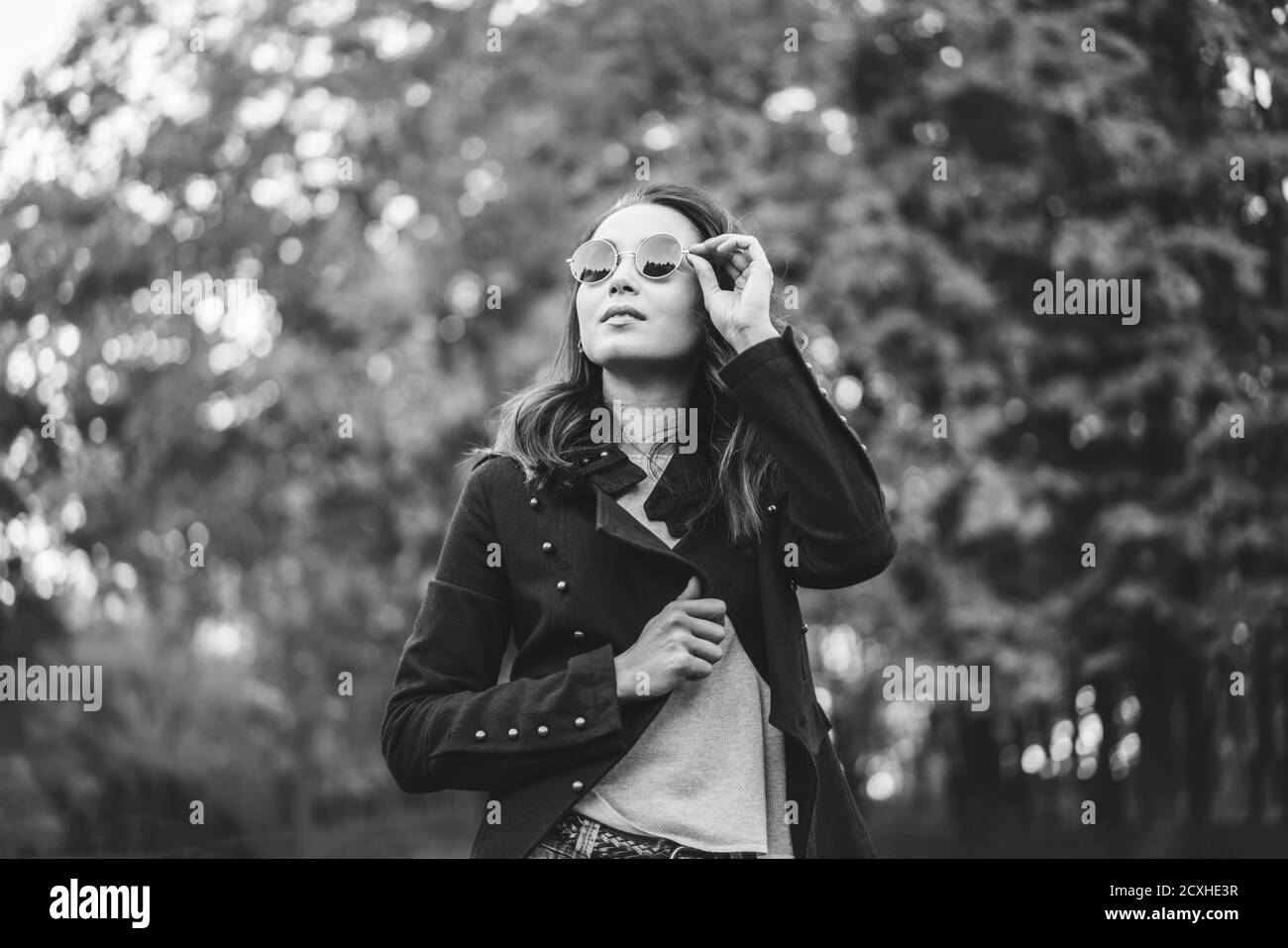 Pretty Long Hair Brunette Girl Relaxing In The Park Autumn Time Stock