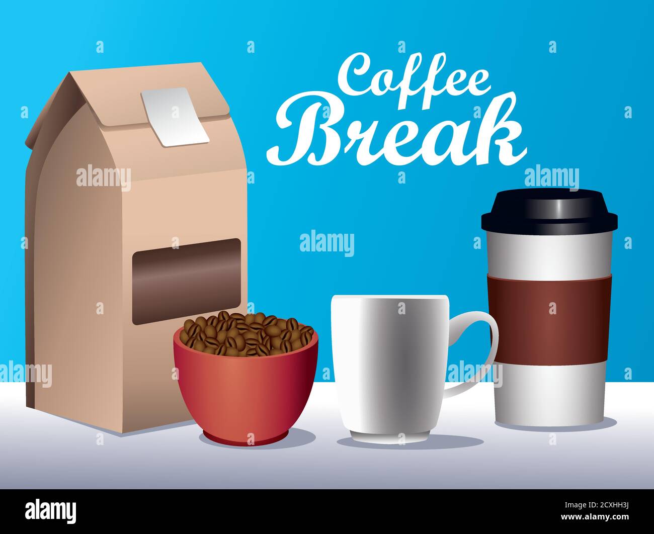 coffee break poster with set icons in blue background vector ...