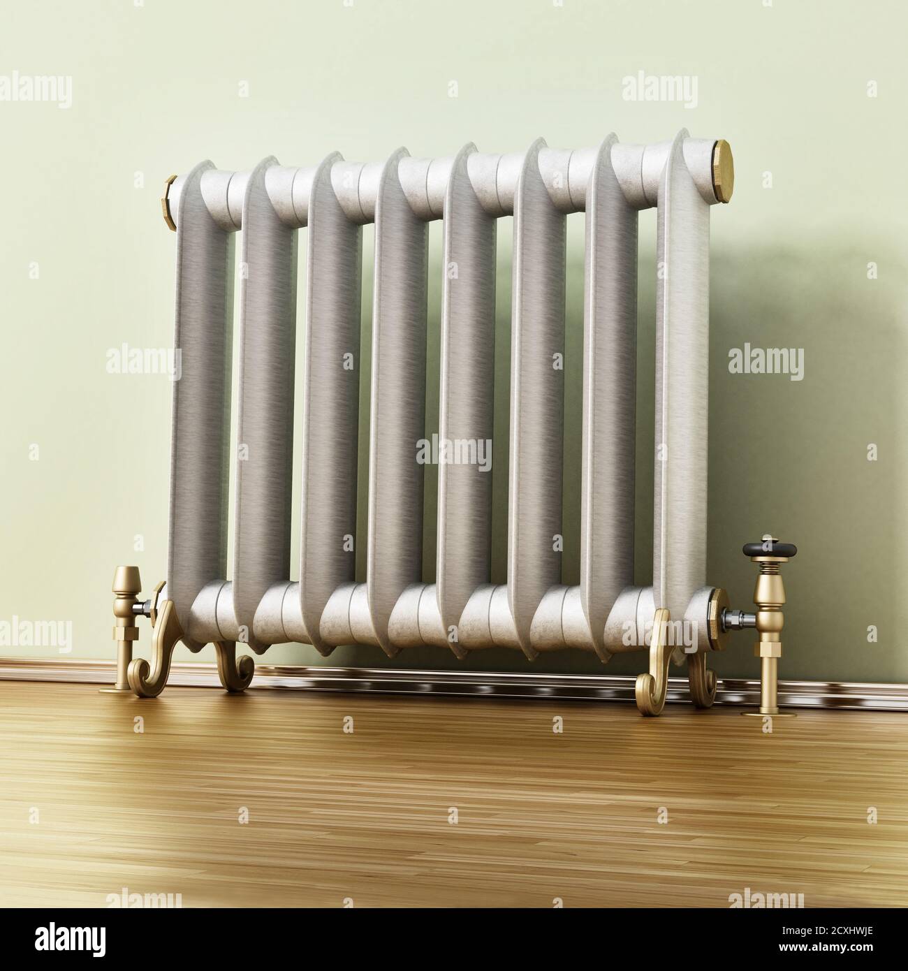 Vintage radiatorstanding next to the wall. 3D illustration Stock Photo ...