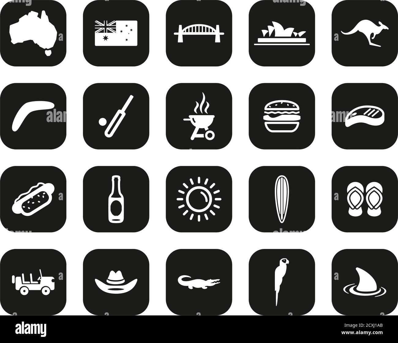 Australia Country & Culture Icons White On Black Flat Design Set Big ...