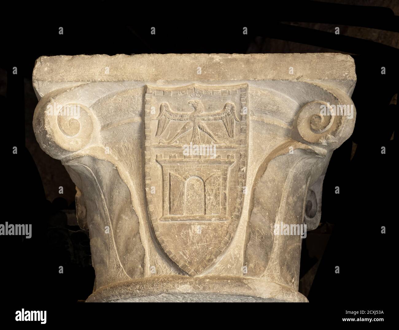 decorative architectural element in a castle, capital decorated with ...