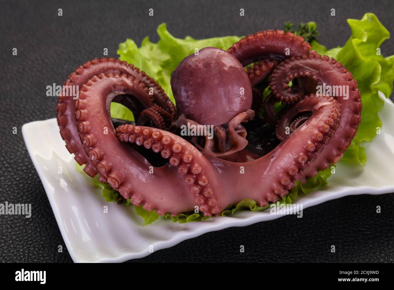 Boiled octopus with herbs in the plate Stock Photo - Alamy
