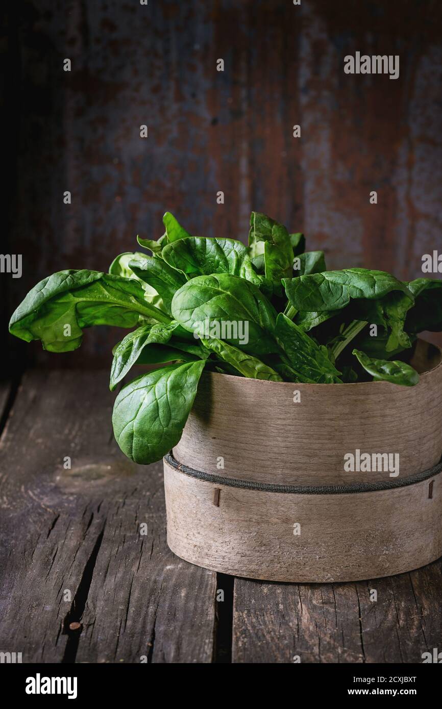 Bunch of fresh spinach with roots in vintage wooden sieve over old ...