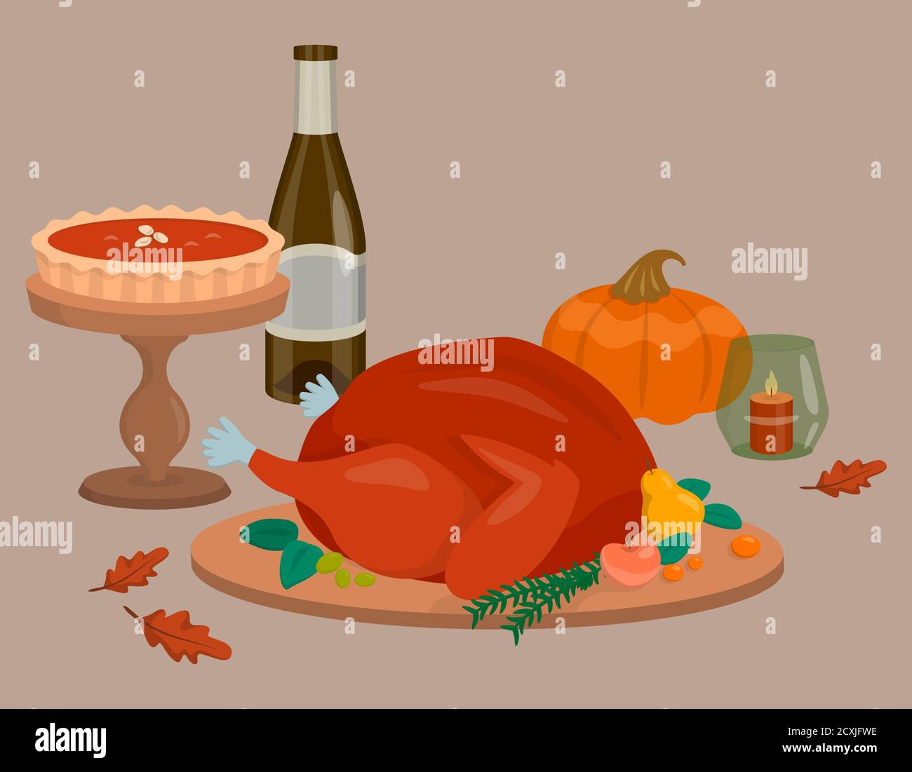 Thanksgiving dinner with baked turkey. Holiday food in cartoon style ...