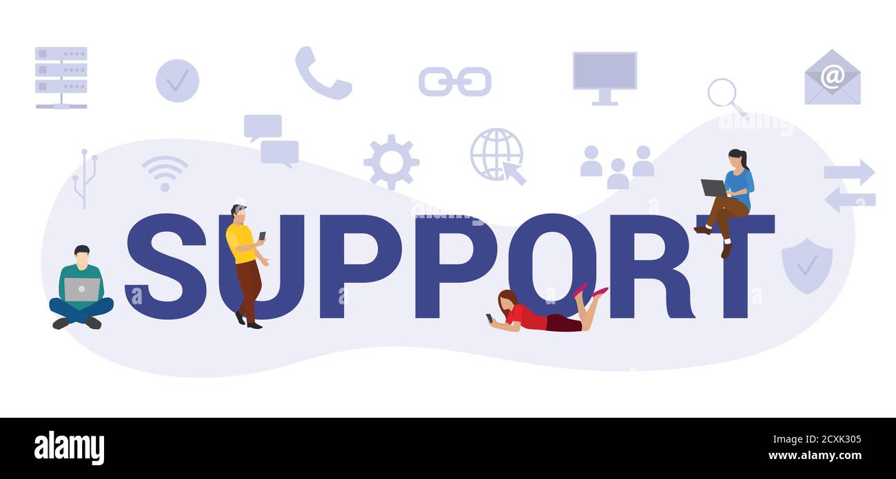 support concept with modern big text or word and people with icon ...