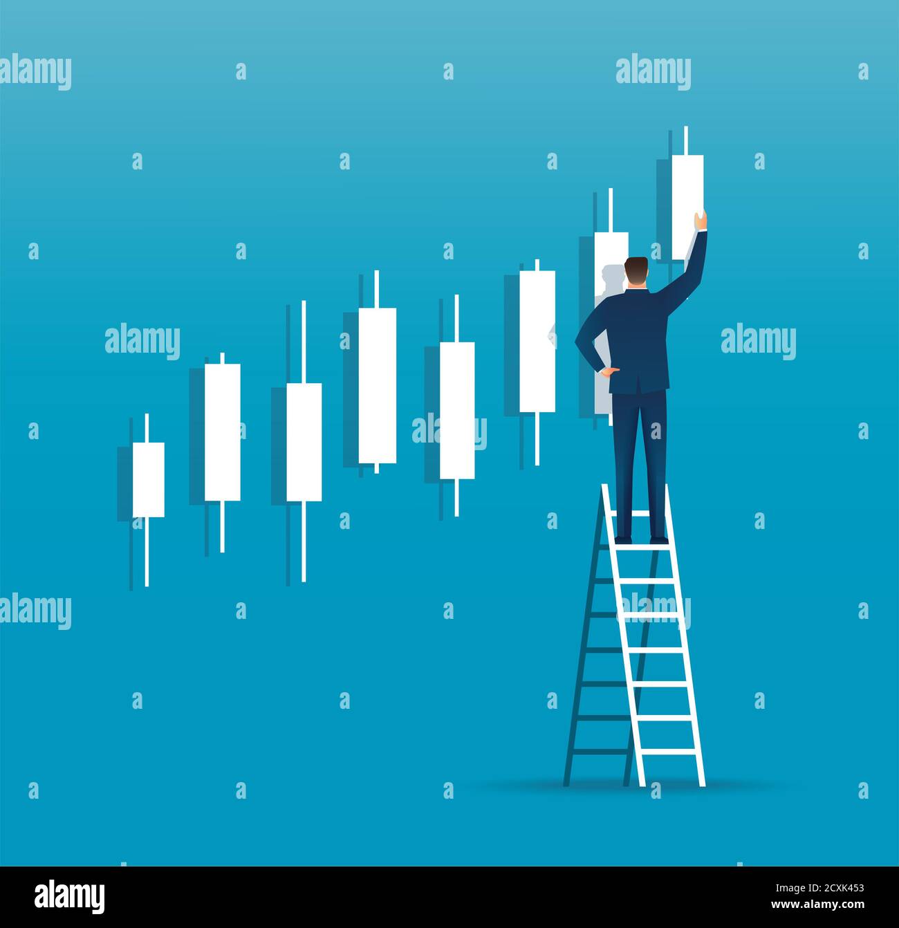 man on ladder with candlestick chart background, concept of stock ...