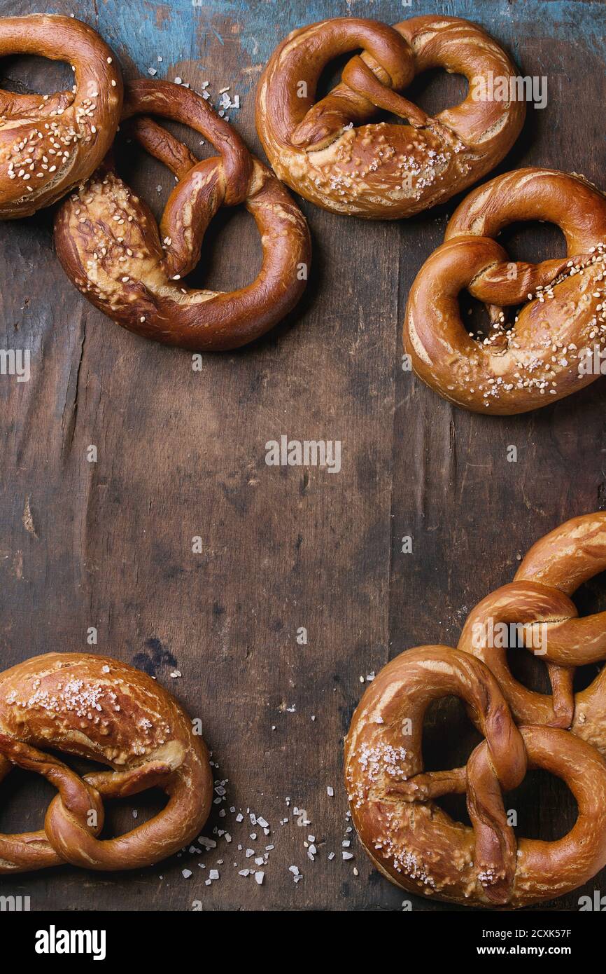 Traditional beer snack salted pretzels with sea salt and sesame seeds ...