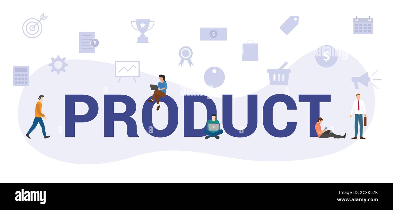 product concept with modern big text or word and people with icon ...