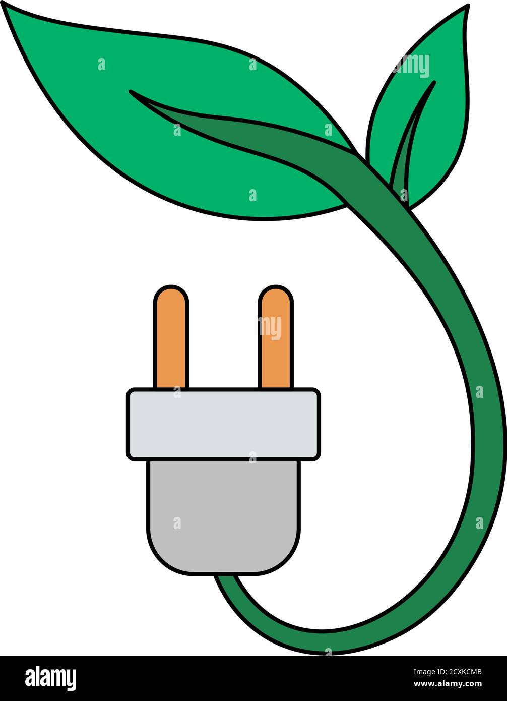 Electric Plug With Leaves Icon. Outline With Color Fill Design. Vector ...