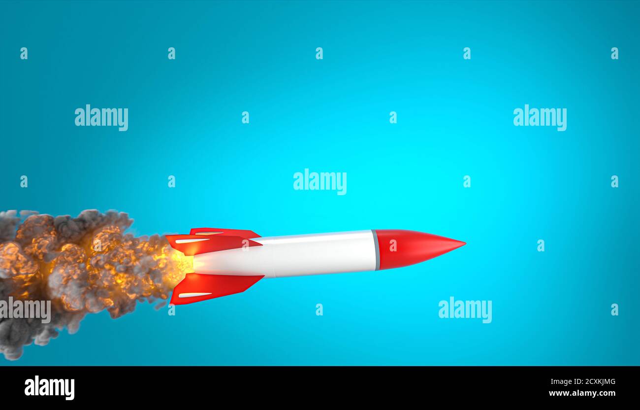 rocket with flames and smoke on a blue background. 3d render Stock ...