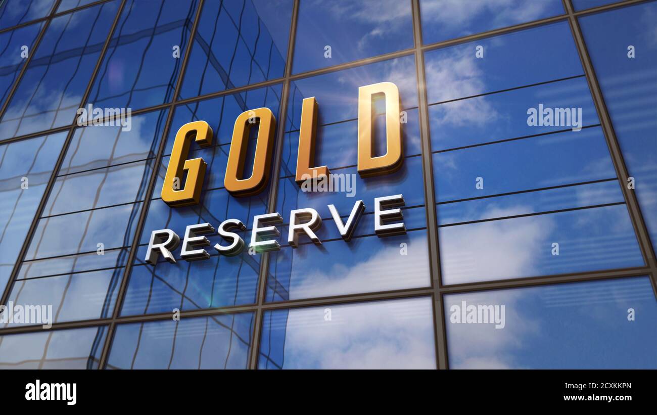 Gold reserve safe bank on glass building. Mirrored sky and city modern ...