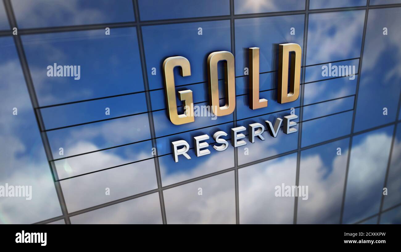 Gold reserve safe bank on glass building. Mirrored sky and city modern ...