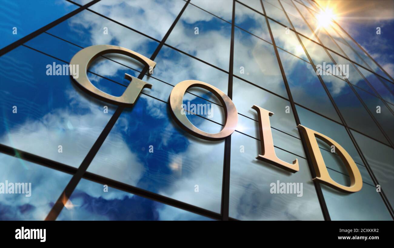 Gold reserve safe bank on glass building. Mirrored sky and city modern ...