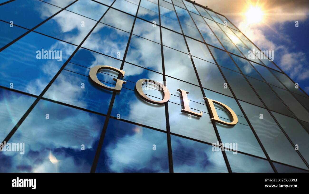 Gold reserve safe bank on glass building. Mirrored sky and city modern ...