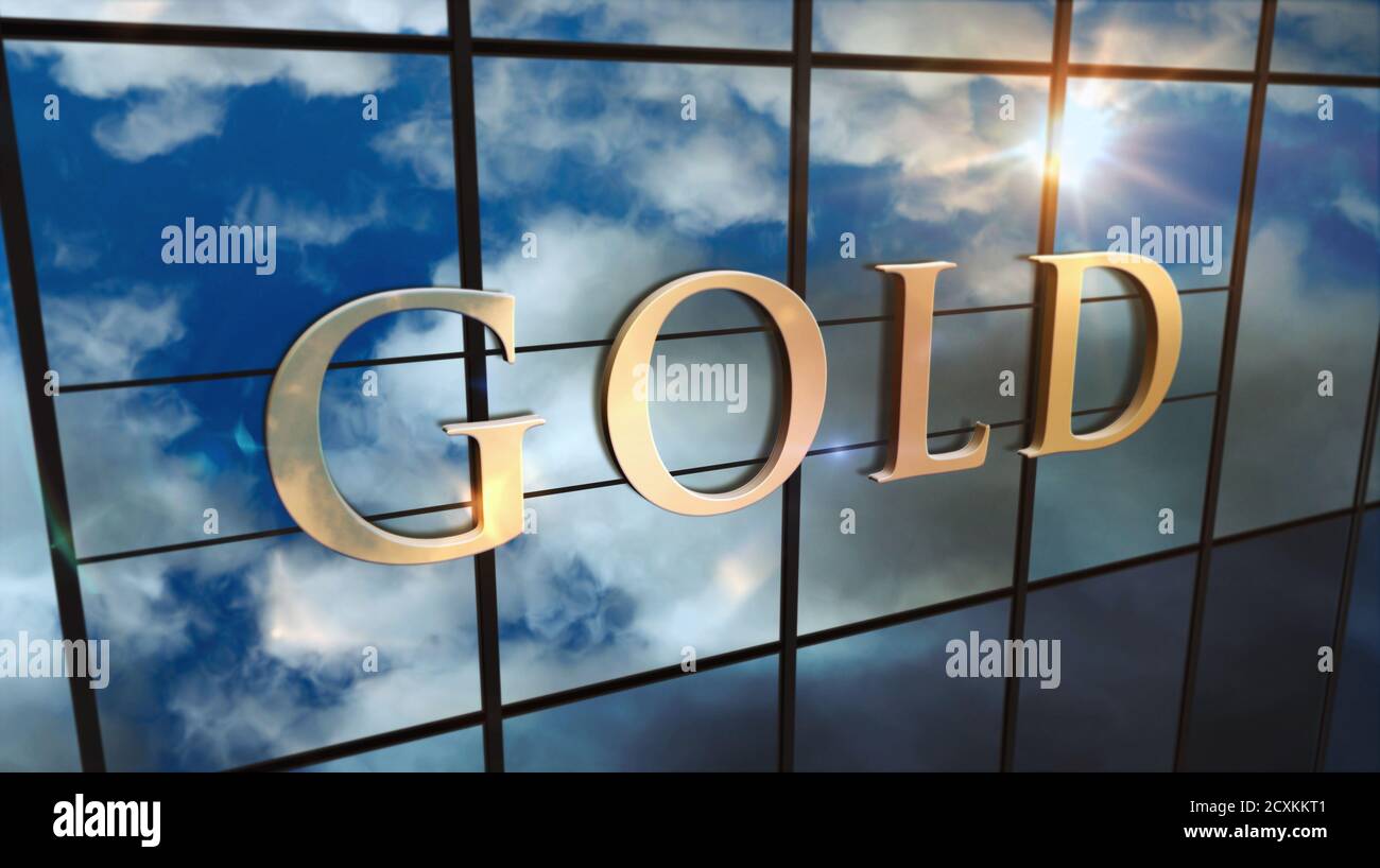 Gold reserve safe bank on glass building. Mirrored sky and city modern ...