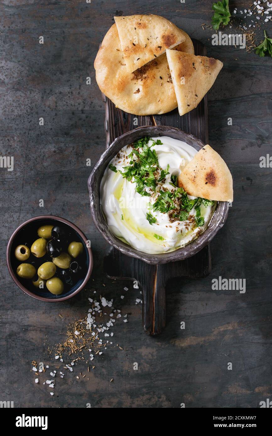 labneh middle eastern lebanese cream cheese dip with olive oil, salt ...