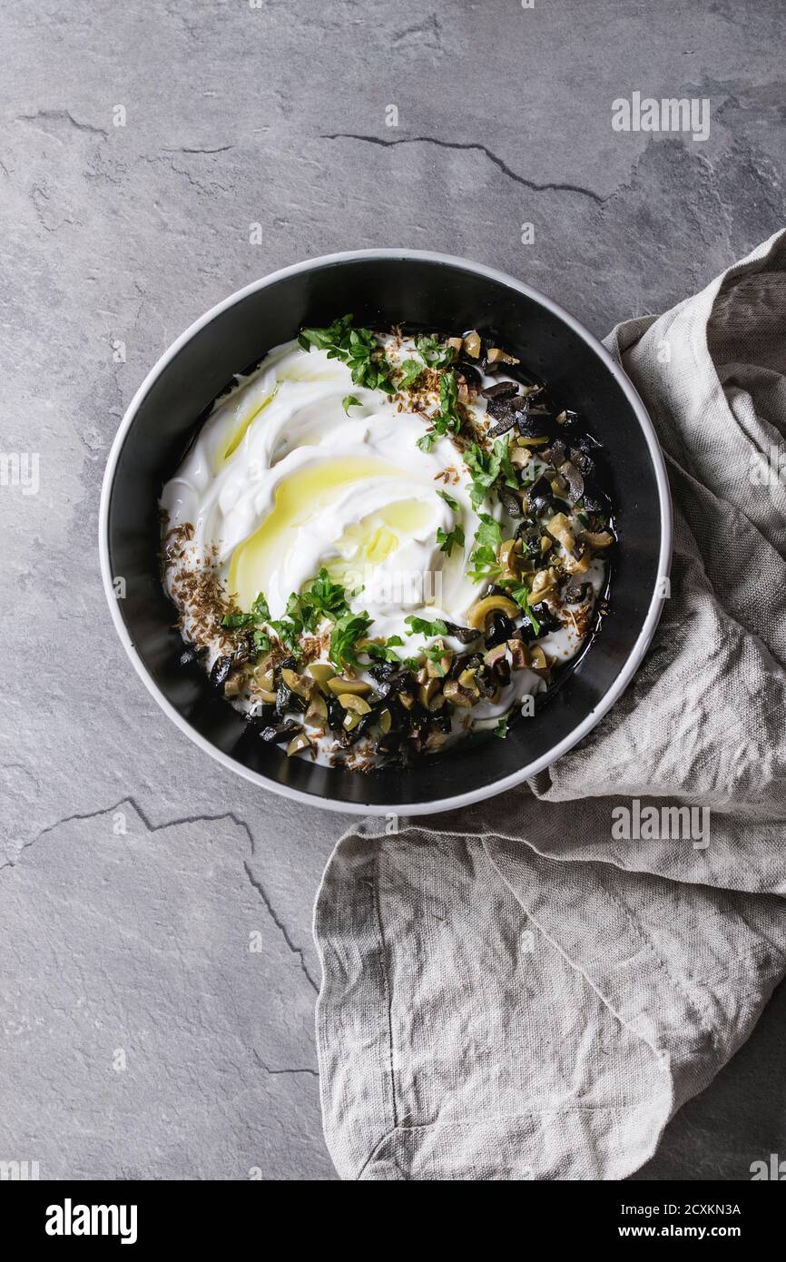 labneh middle eastern lebanese cream cheese dip with olive oil, salt ...