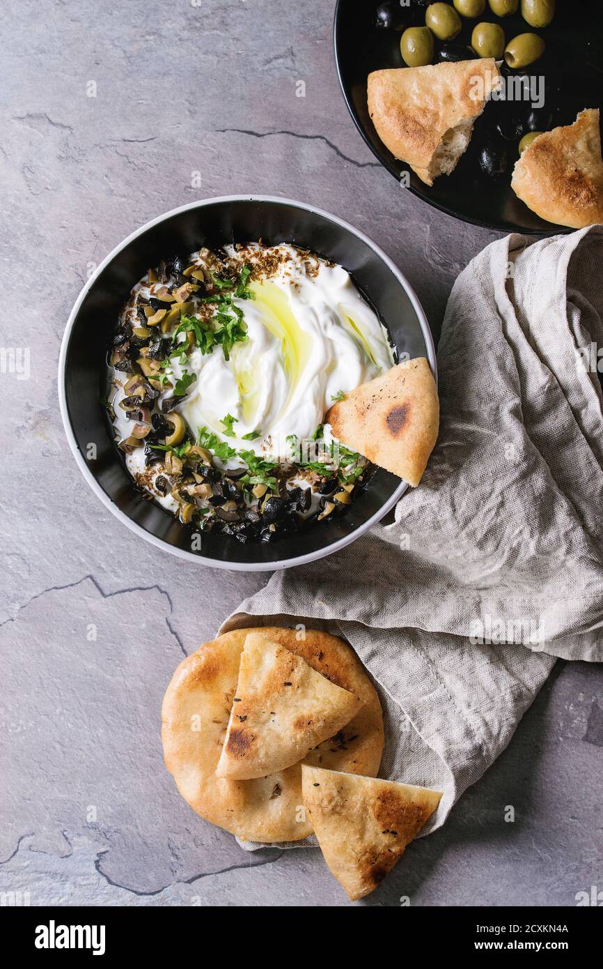 labneh middle eastern lebanese cream cheese dip with olive oil, salt ...